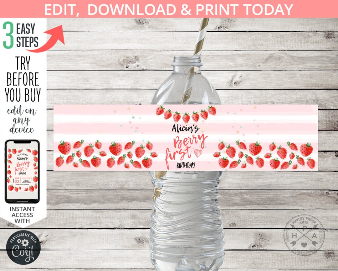 Strawberries Water Bottle Label Birthday Berry First Girl ONE Party ...