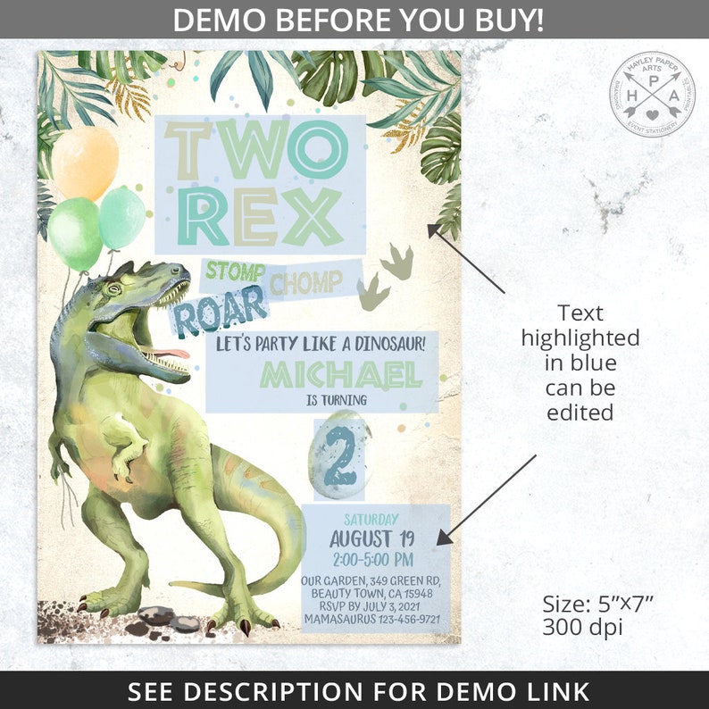 Two Rex Dinosaur Second Birthday Invitation T-rex Boy 2nd Dino - Etsy