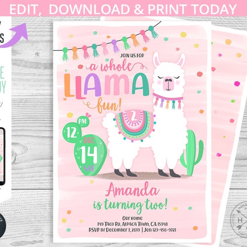 Editable Whole Llama Fun Birthday Invitation Fiesta Mexican - Etsy
