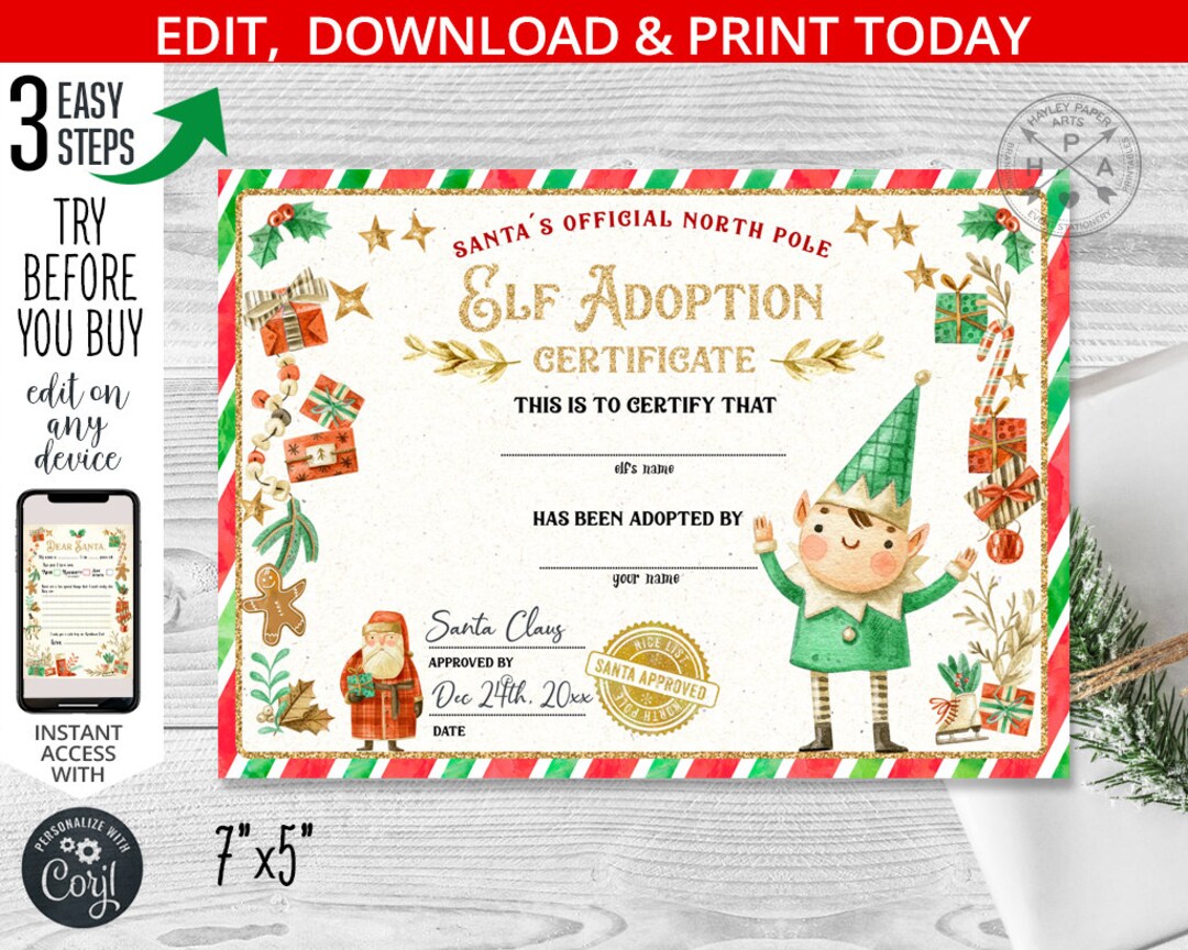 Elf Adoption Certificate. Adopt Your Elf Letter. Christmas Elves Card ...