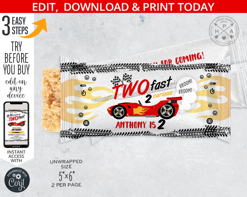 Race Car Rice Krispies Label Two Fast 2 Curious Sports Speed - Etsy