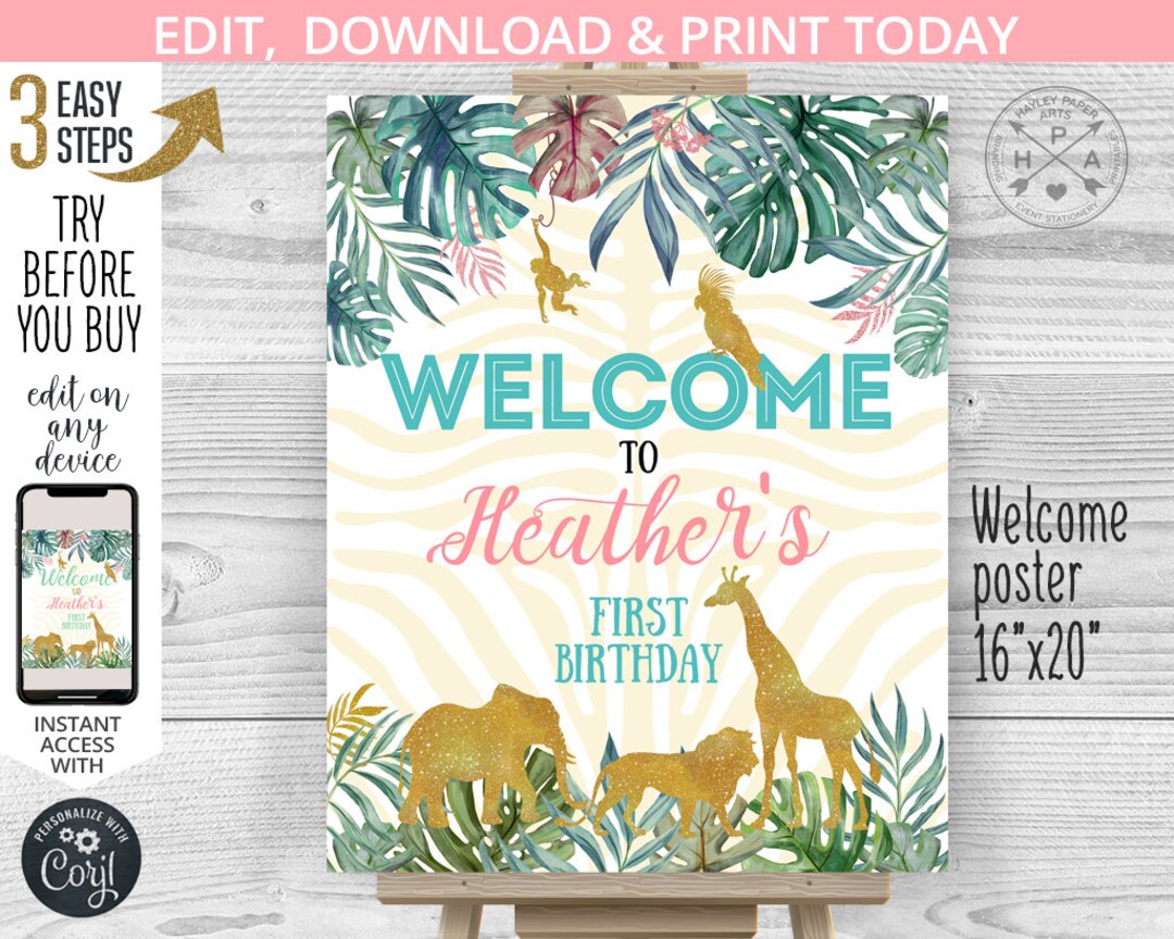 EDITABLE Jungle Welcome Poster Sign 1st Party First Third Birthday ...