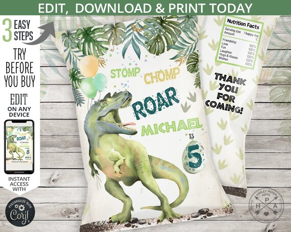 Dinosaur chips bag birthday dino dino-mite T-Rex party any age favor ...