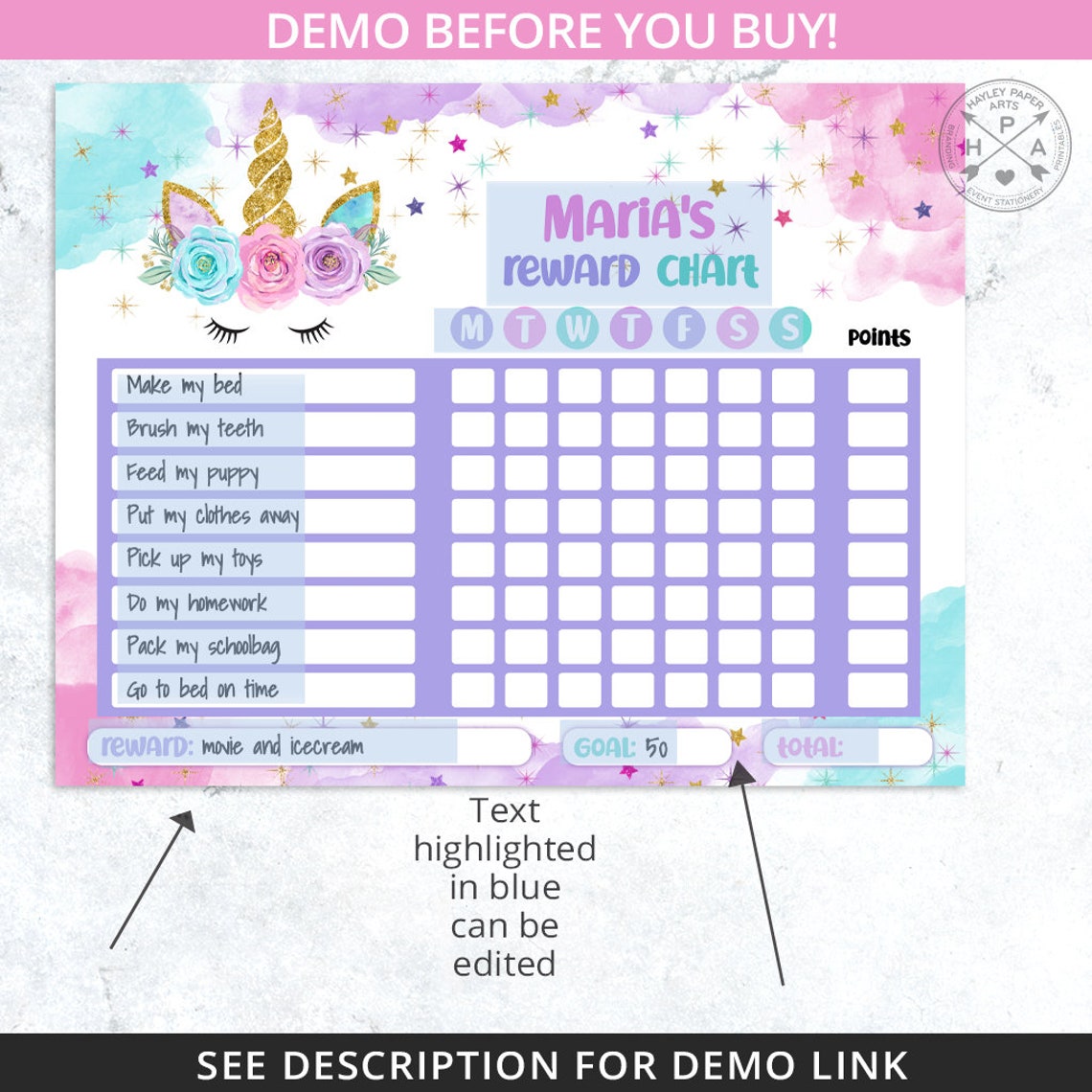Unicorn Reward Chart for Girls Kids Behavior Daily Chore | Etsy