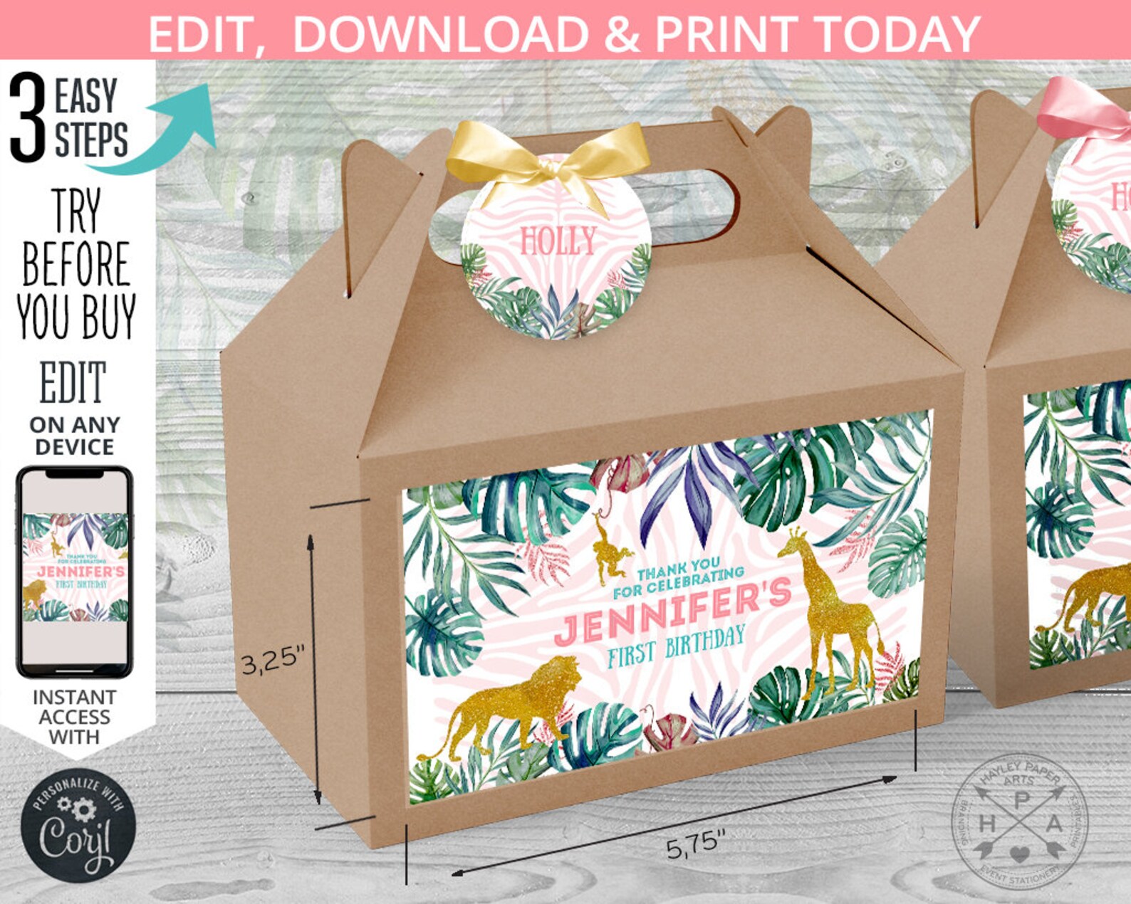 EDITABLE Jungle Gift Box Labels Guest Name Tags. Handle Favor - Etsy
