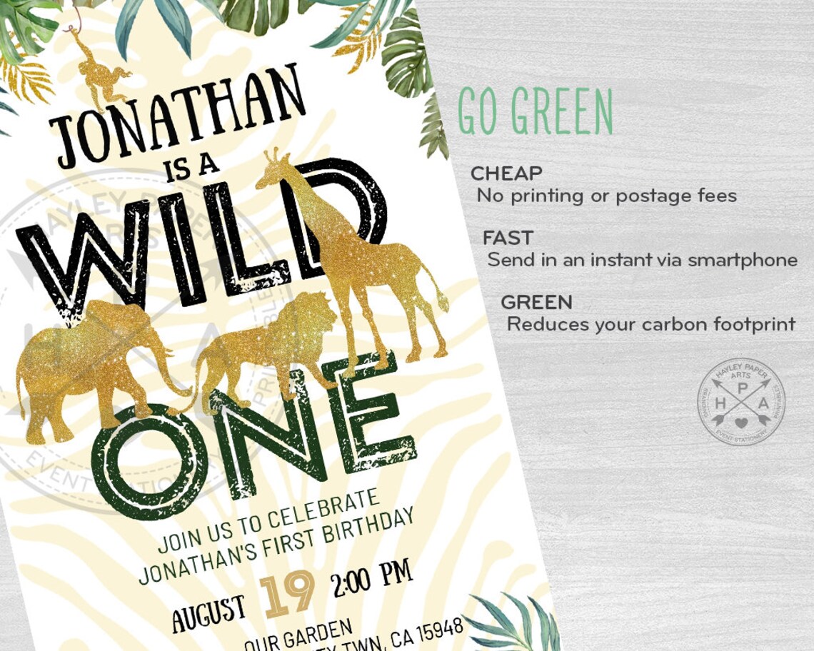Jungle Wild One Electronic Invitation Gold Safari Animals - Etsy