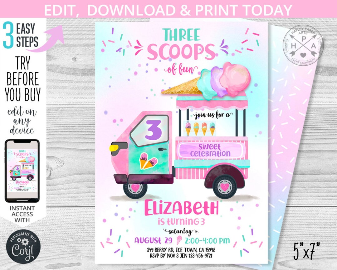 Ice Cream Truck Birthday Three Scoops Of Fun Invitation 3rd Purple Pink