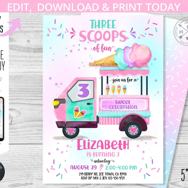 Three Scoops of Fun Birthday Invitations - Etsy