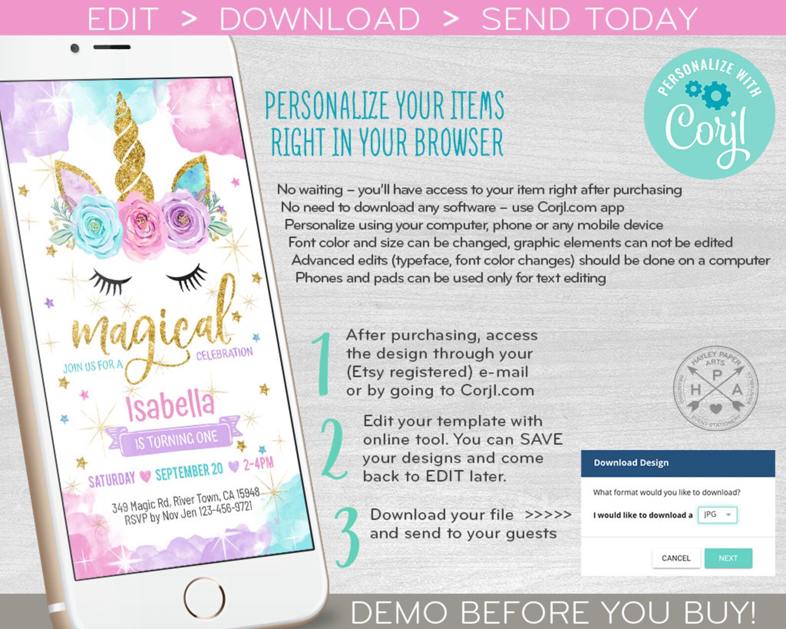 Unicorn One Magical Electronic Birthday Invitation First Magic Party ...