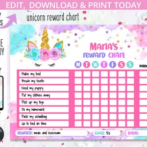 Unicorn Reward Chart for Girls Kids Behavior Daily Chore Charts Daily ...