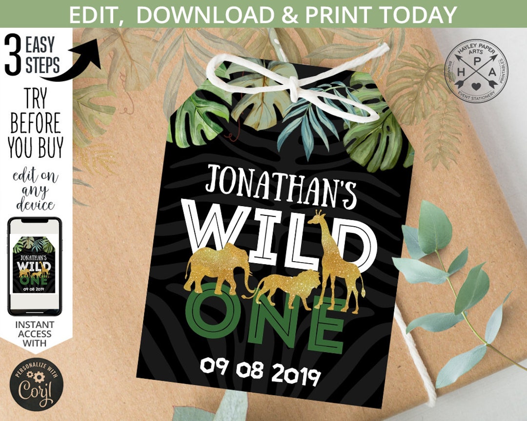 EDITABLE Jungle Favor Wild One Tags Gold Animals Safari Greenery First ...