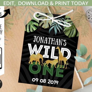 EDITABLE Jungle Favor Wild One Tags Gold Animals Safari Greenery First ...