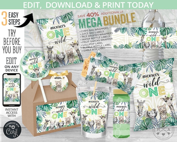 MEGA BUNDLE Jungle safari wild one birthday party pack, chips bags ...