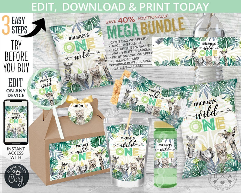 MEGA BUNDLE Jungle Safari Wild One Birthday Party Pack, Chips Bags ...