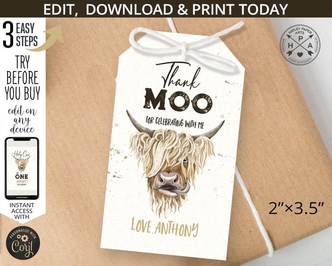 Cow Thank You Tag. Holy Cow Highland Thank Moo Rectangular 2"x3.5 ...