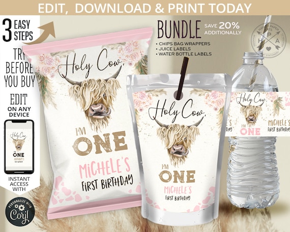 BUNDLE Holy cow I'm ONE highland cow chips bag wrapper, juice bag ...