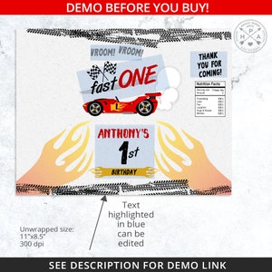 BUNDLE Fast ONE Race Car Chips Bag, Juice Bags, Water Bottle Labels ...