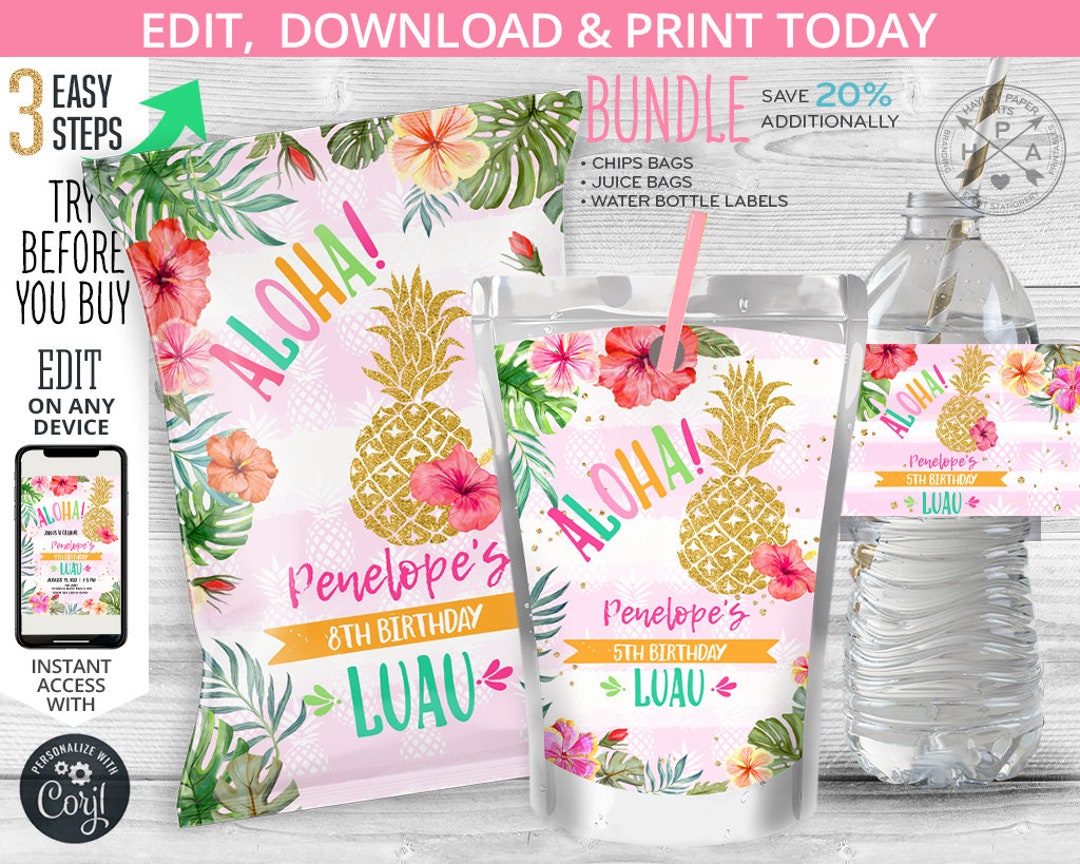 BUNDLE Pineapple Aloha Hawaiian Chips Bag, Juice Bags, Water Bottle ...