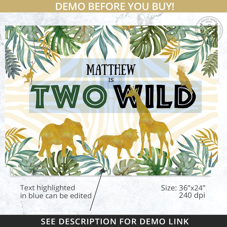 EDITABLE Jungle Two Wild Table Backdrop 36x24 2nd Second - Etsy