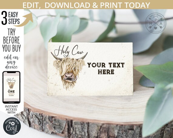 Holy Cow food labels place tent cards escort card label highland cow ...