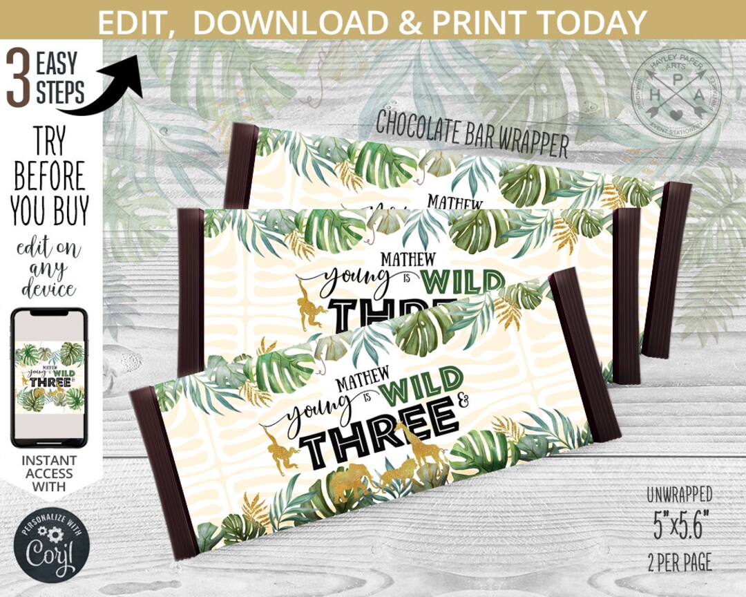Jungle Animals Chocolate Bar Candy Wrapper Safari Birthday Third ...