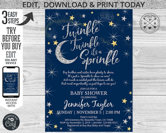 EDITABLE Twinkle It's a Sprinkle Baby Shower Poem Silver - Etsy