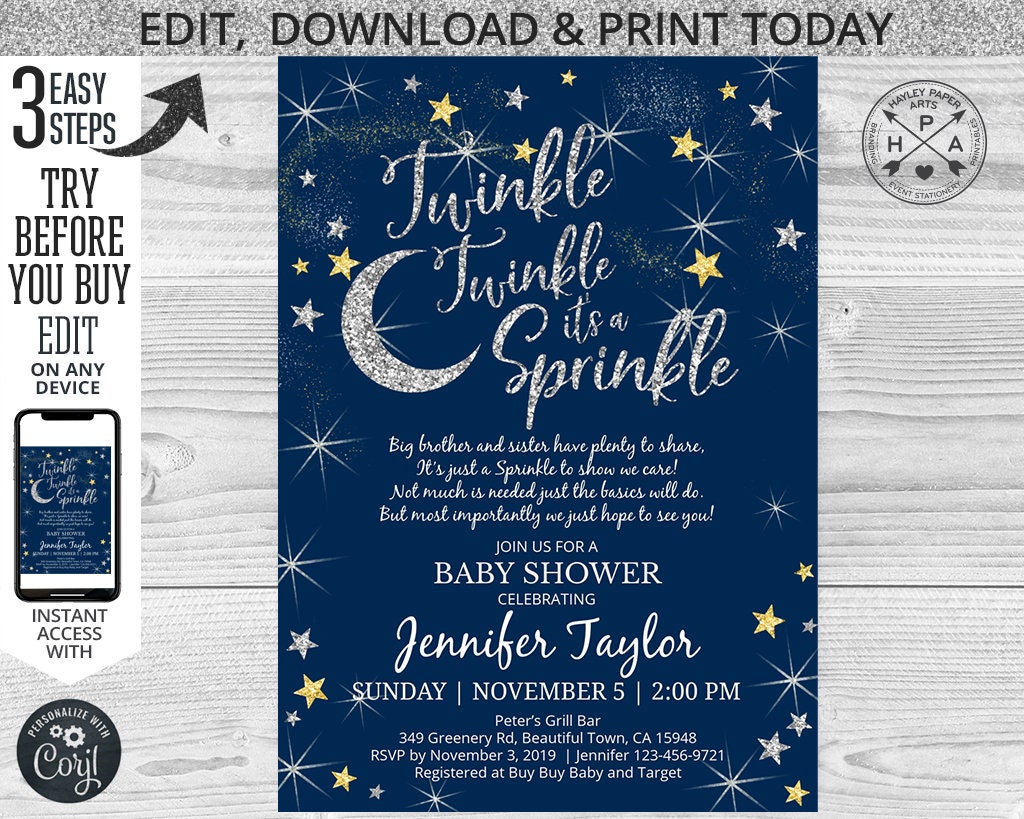 EDITABLE Twinkle It's a Sprinkle Baby Shower Poem Silver Navy Blue ...