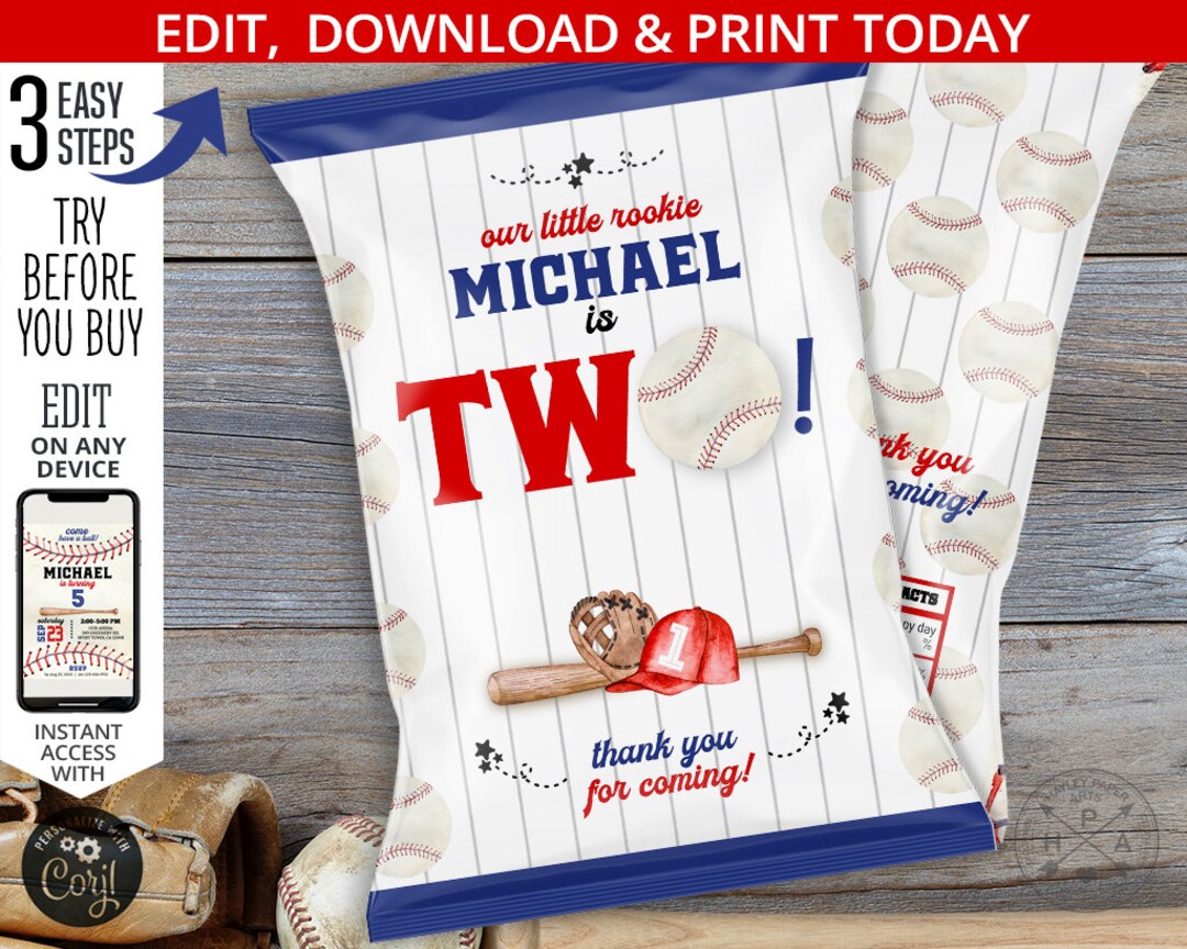 Baseball Chips Bag Second Birthday Party Favor, TWO, Chip Pouch ...