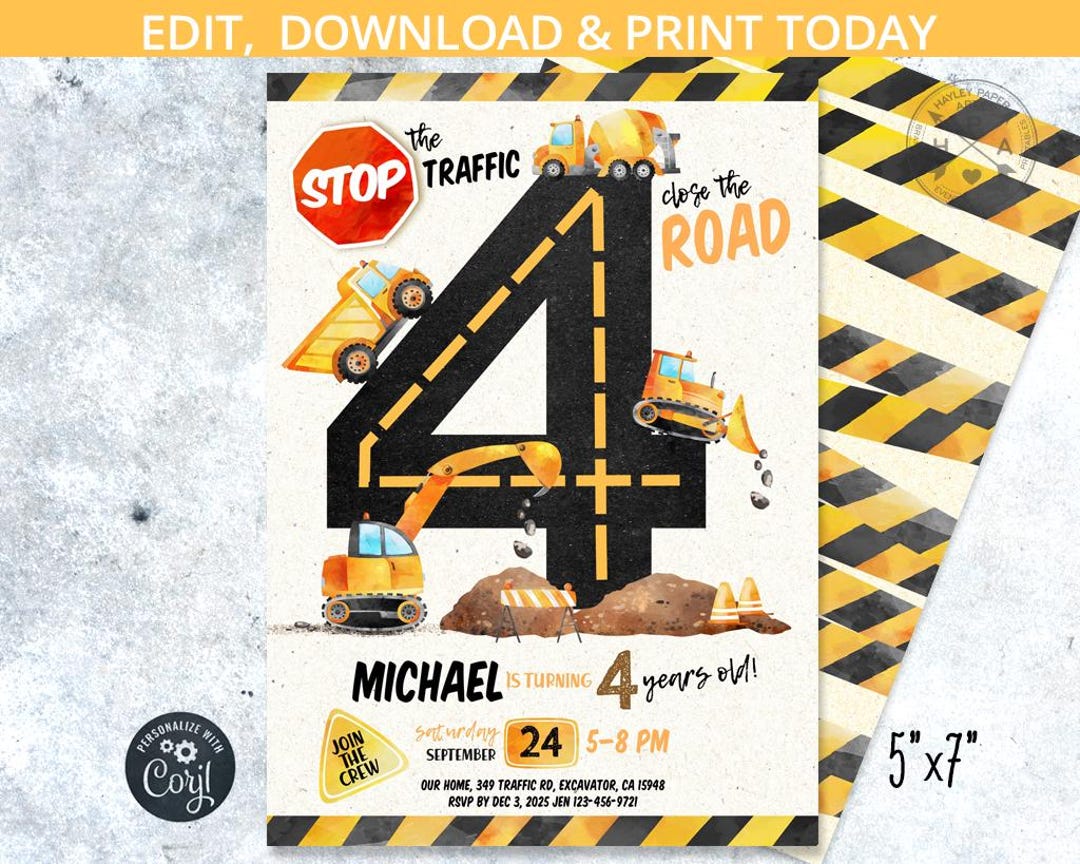 Construction Birthday Invitation, Fourth 4th Boy Stop the Traffic Close ...