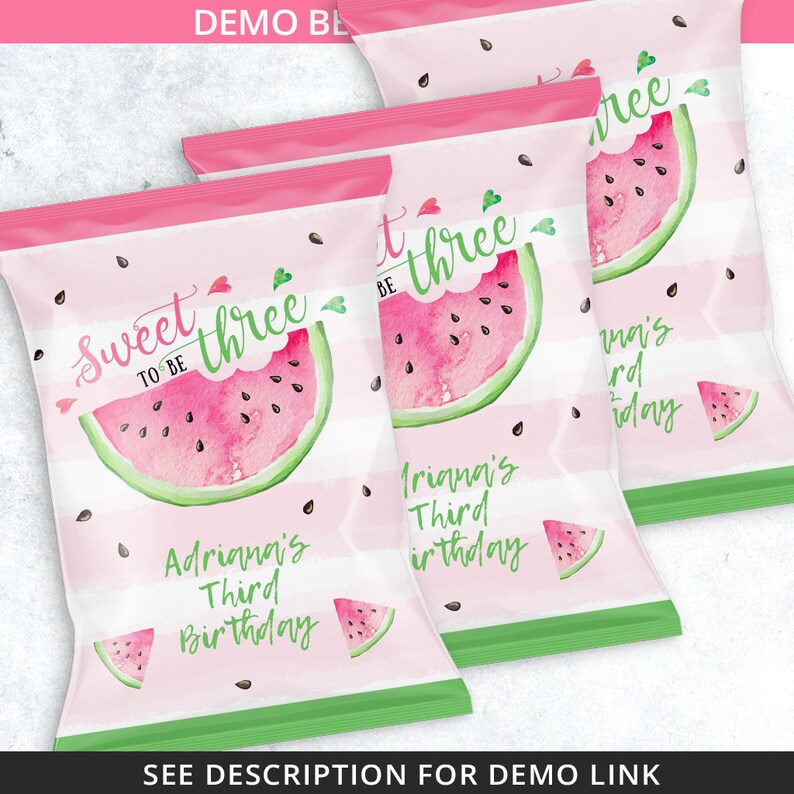 Sweet to Be Three Watermelon Chip Bag Snacks Treat Bags - Etsy