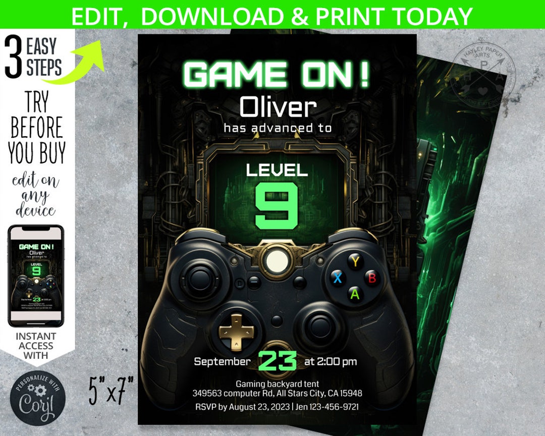 Video Game Party Birthday Invitation, Gamer Game on Console Gaming Neon ...
