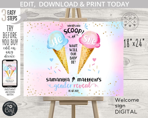 EDITABLE Ice Cream What's the Scoop He or She Welcome Sign - Etsy