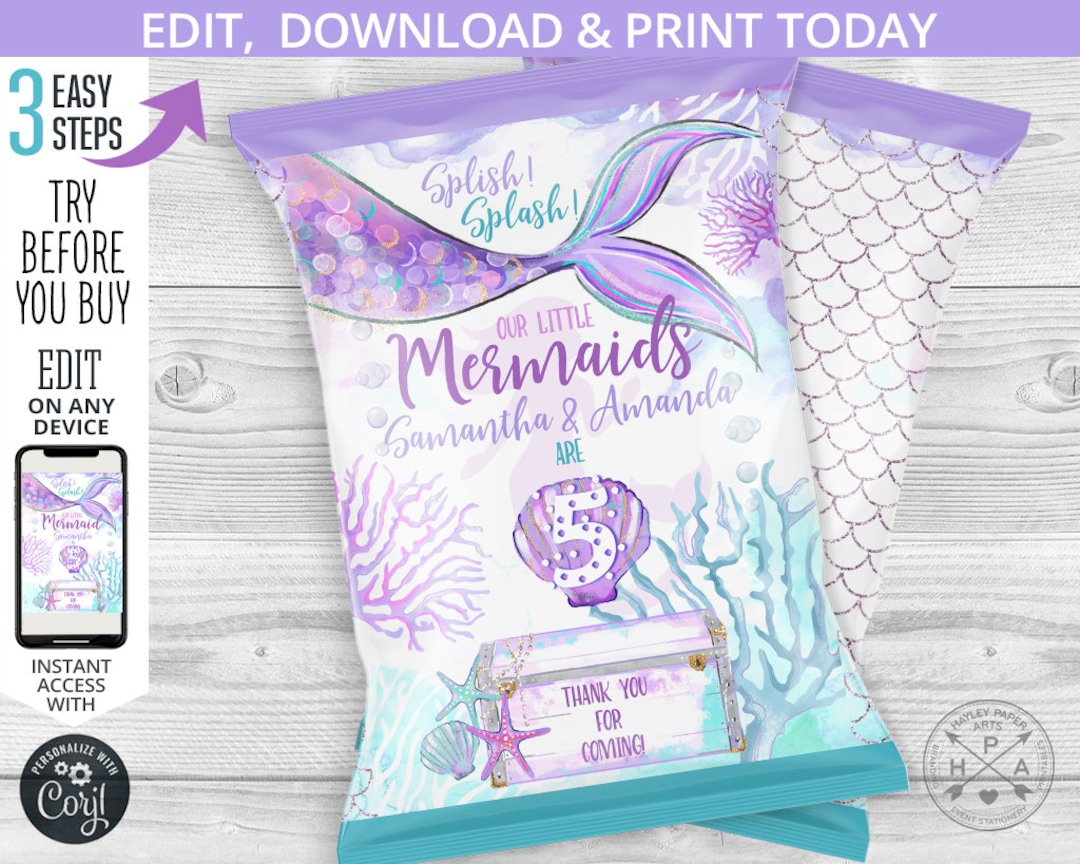 Mermaids Twins Chips Bag, Purple Teal Favor Treats Bags, Chip Wrapper ...