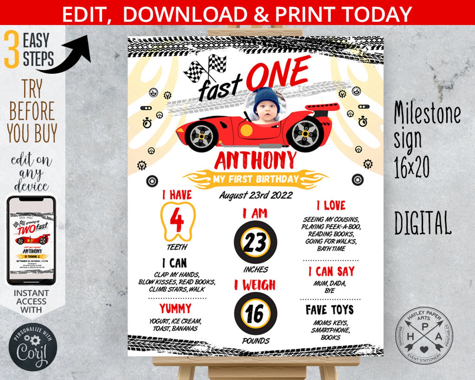 Race Car Fast ONE Stats Milestone 1st Birthday Sign. First Speed Racing ...