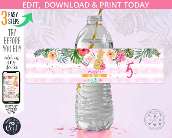 Pineapple aloha hawaiian water bottle label luau hibiscus birthday ...