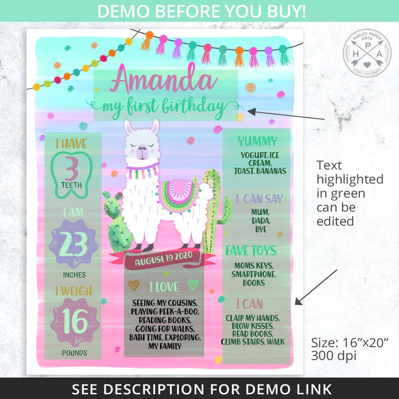 EDITABLE Llama Birthday Milestone Stats First One Year Board. 1st Party ...