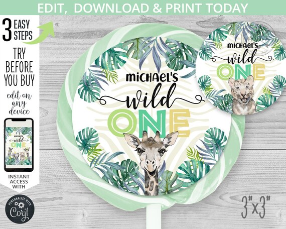 Jungle Wild One lollipop label sticker first 1st birthday safari ...
