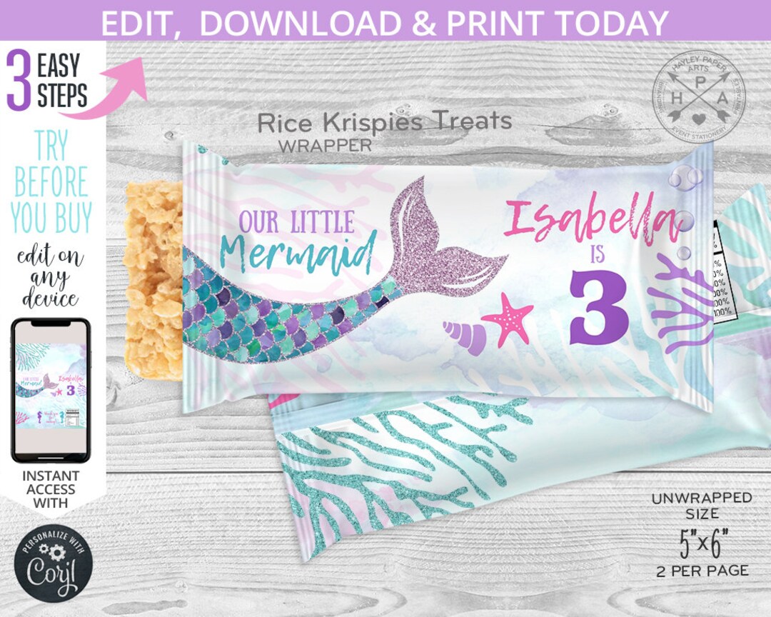 Mermaid Tail Krispies Treats Wrapper Label, Mermaid Favors, Any Age ...