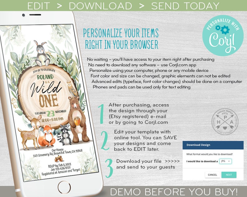 Woodland Wild One Electronic Invitation Forest Wild Animals Birthday ...