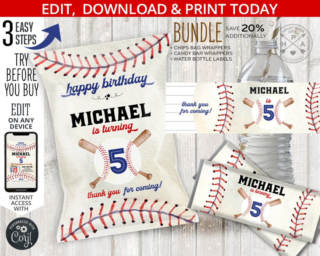 BUNDLE Baseball Chips Bag, Candy Choc Bar Wrapper, Water Bottle Labels ...