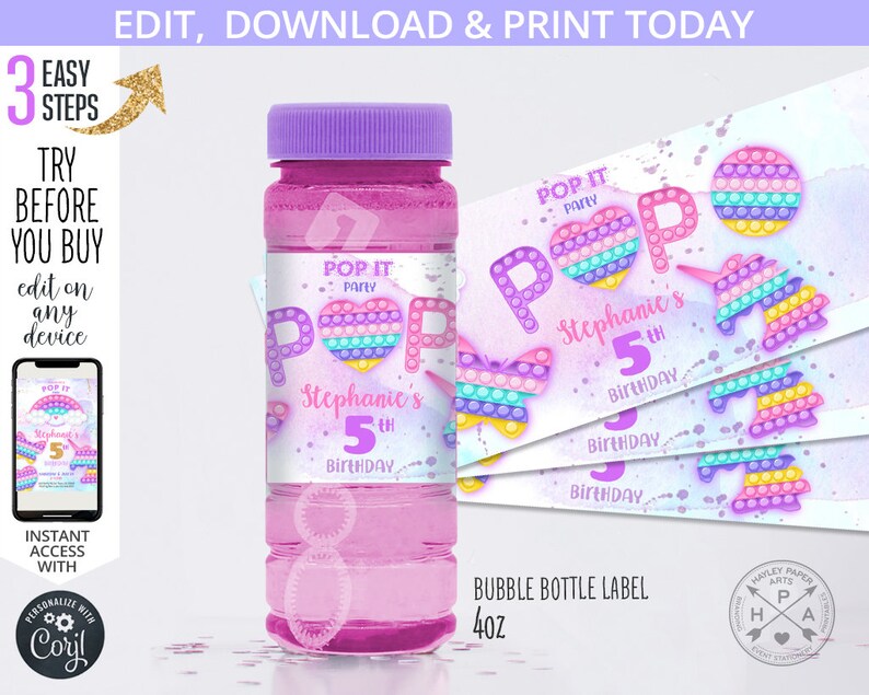 Pop It Party Bubble Bottle Label Fidget Toy Birthday Purple - Etsy