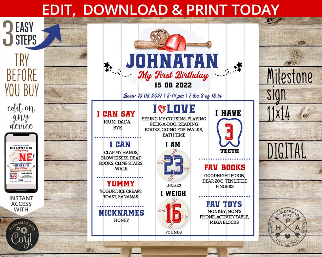 Baseball 1st Birthday Stats Milestone Poster Sign. Little Rookie Year ...