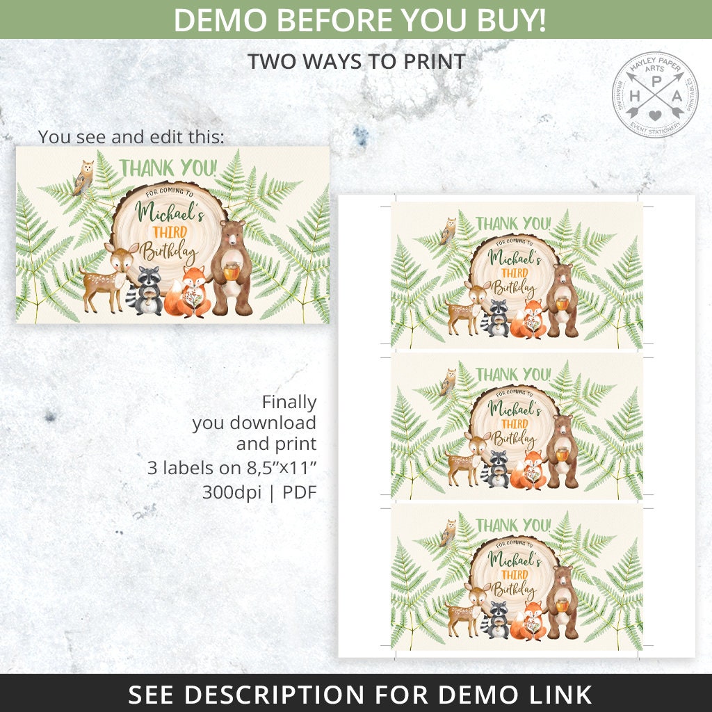EDITABLE Woodland Animals Ferns Birthday Gable Gift Box Labels | Etsy