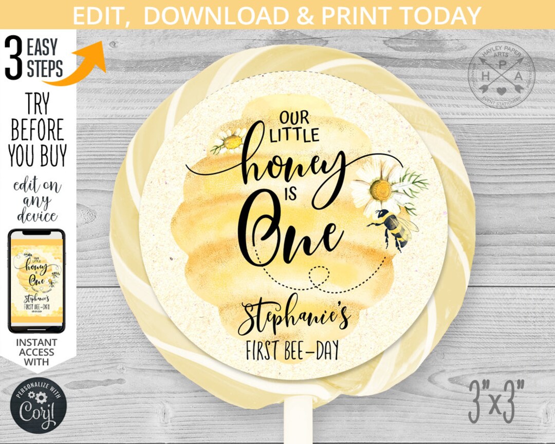 Bee One Lollipop Label First 1st Birthday Honey One Candy Label Tag ...