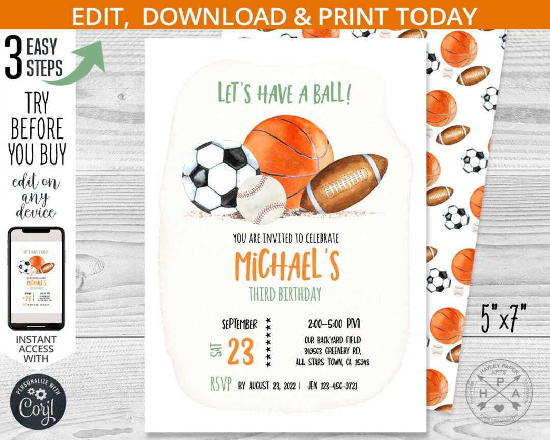 Let's Have a Ball Sports Birthday Invitation Balls All Stars Boy Party ...