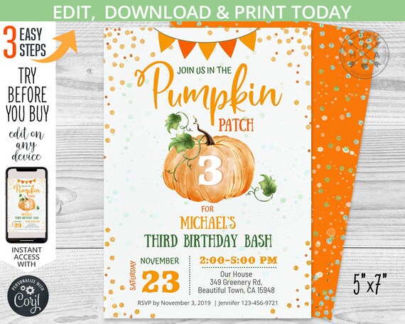 Pumpkin patch any age birthday bash invitation orange fall gold glitter ...
