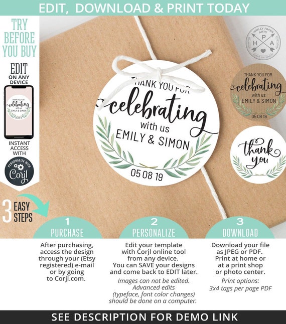 EDITABLE Favor Tags Thank You Round 2x2 Craft Eucalyptus Laurels Party EDITABLE Favor Tags Thank You Round 2x2 Craft Eucalyptus Laurels Party