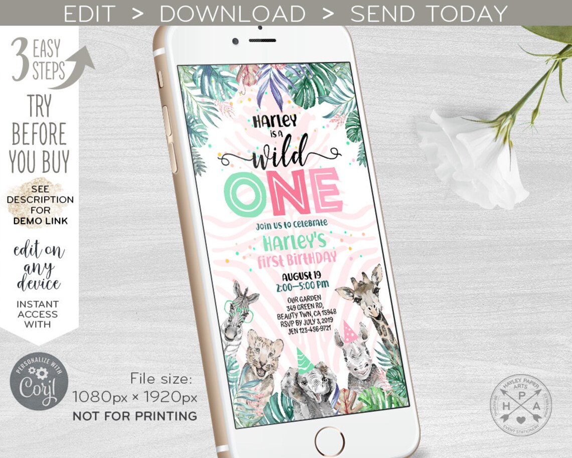 Jungle Safari Wild One Electronic Invitation Safari Animals | Etsy
