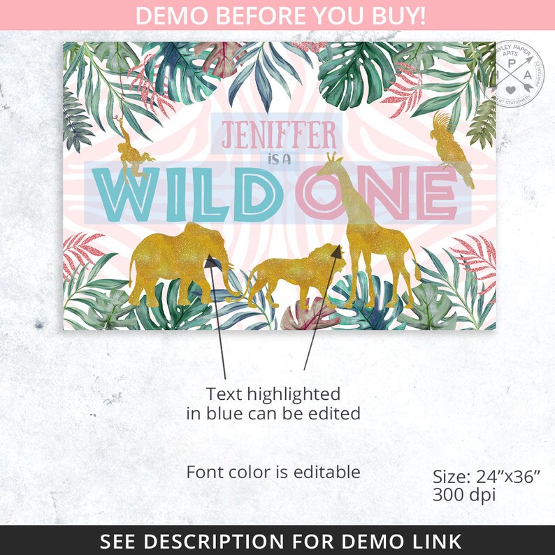 EDITABLE Jungle Wild One Table Backdrop 36x24 1st First - Etsy