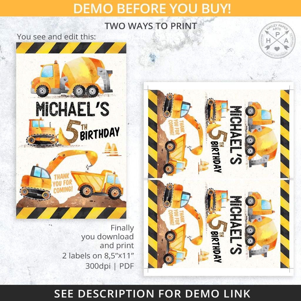 Construction Bag Label Truck Party Gift Favor Paper Bag Labels - Etsy